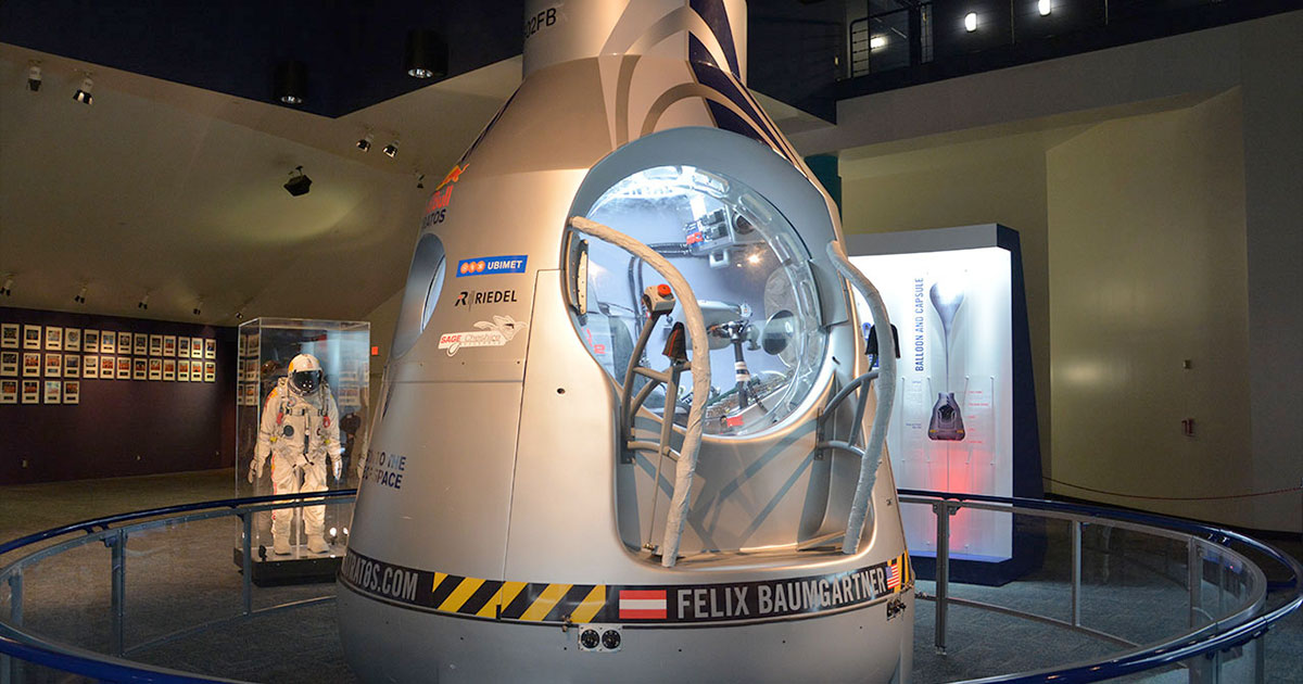 Red Bull supersonic 'space jump' suit and Stratos capsule on display in ...