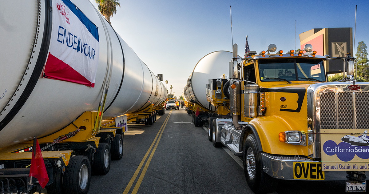 Rocket booster parts arrive in L.A. to stand up space shuttle Endeavour ...